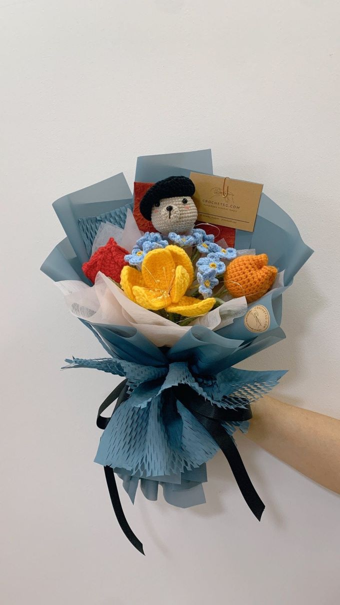 Colorful POP Crochet Flower Bouquet with SAF Bear – CrochetSG.com